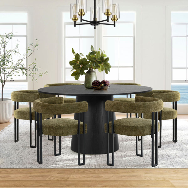 Latitude Run® Brodec 6 - Person Dining Table Sets With 52'' Round Table & 6 Upholstered Chenille ...